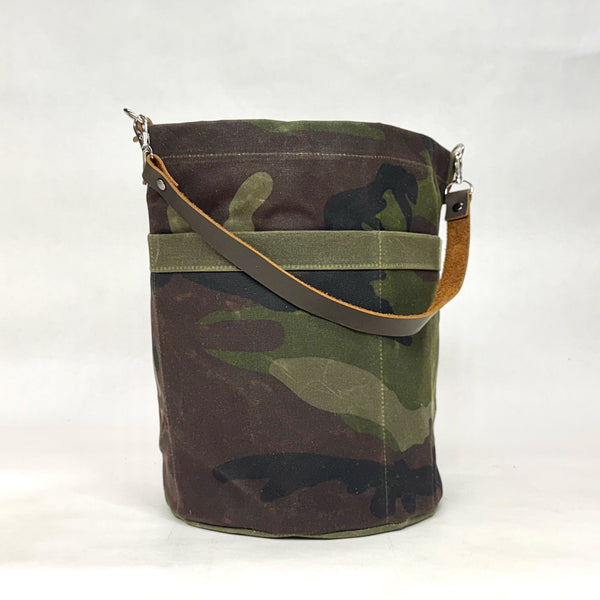 Camo Waxed Canvas Round Bucket Tote with Leather Detachable Strap ...
