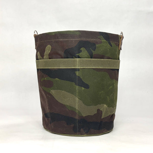 Camo Waxed Canvas Round Bucket Tote with Leather Detachable Strap ...